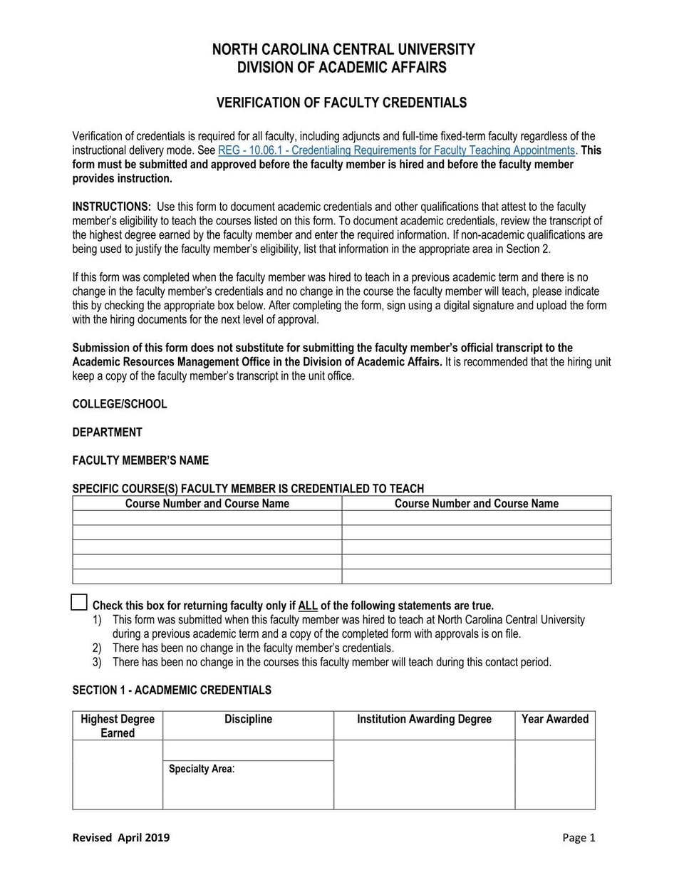 North Carolina Central University Verification of Faculty Credentials ...