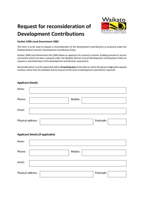 Request for Reconsideration of Development Contributions Form | Fill ...