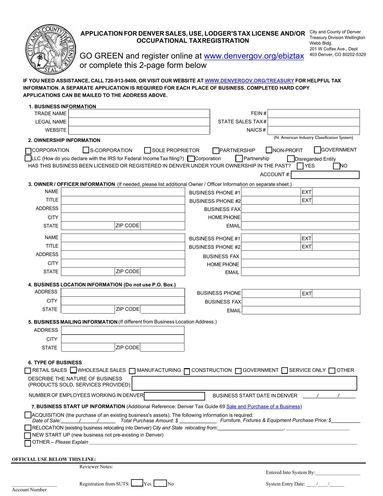 Application for Denver Sales, Use, Lodger's Tax License and/or ...