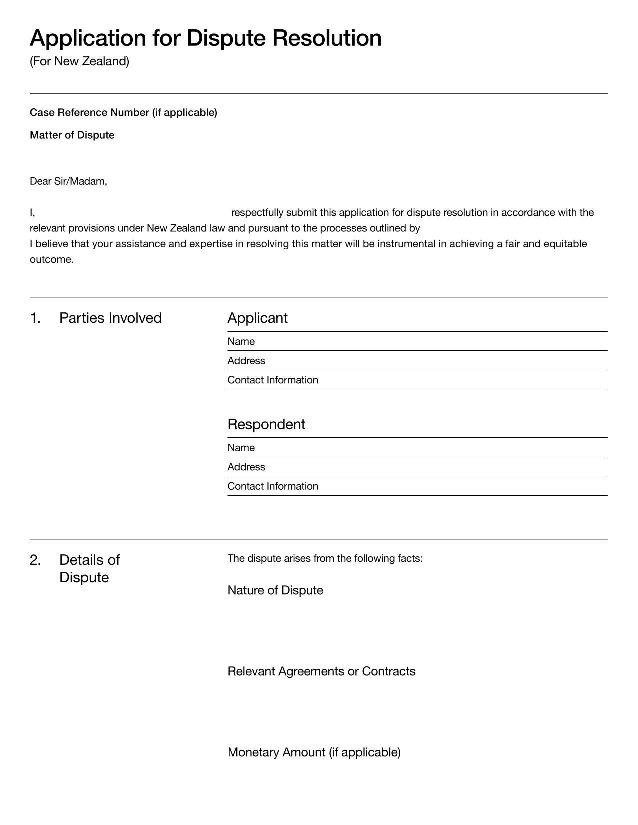 Application for Dispute Resolution Template for New Zealand | Fill and ...