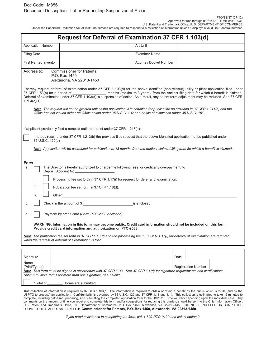 Request for Deferral of Examination 37 CFR 1.103(d) | Fill and sign ...