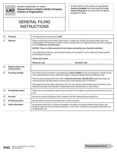Kansas Limited Liability Company Articles of Organization Form and ...
