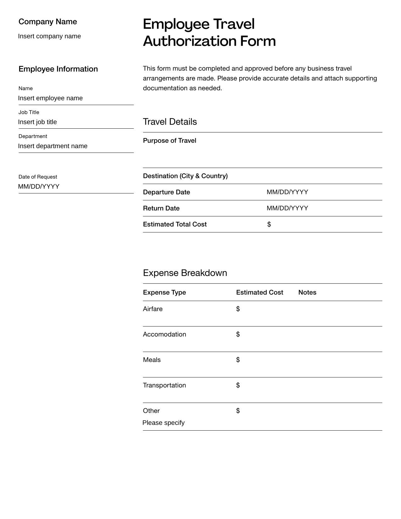 Employee Travel Authorization Form Template | Fill and sign with Lumin
