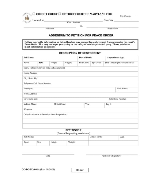 Addendum to Petition for Peace Order | Fill and sign online with Lumin