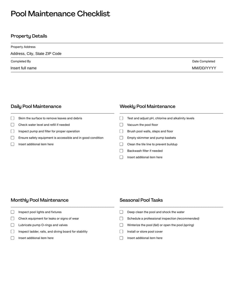 Pool Maintenance Checklist Template | Fill and sign with Lumin