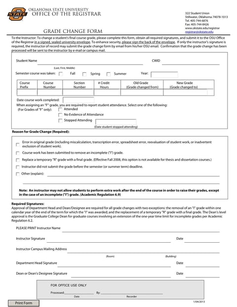 Oklahoma State University Grade Change Form | Fill and sign with Lumin