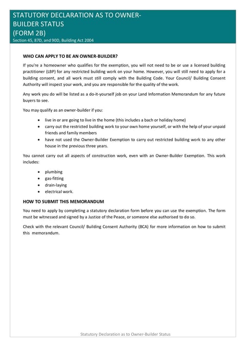 Form 2B Statutory Declaration of Owner Builder | Fill and sign online ...