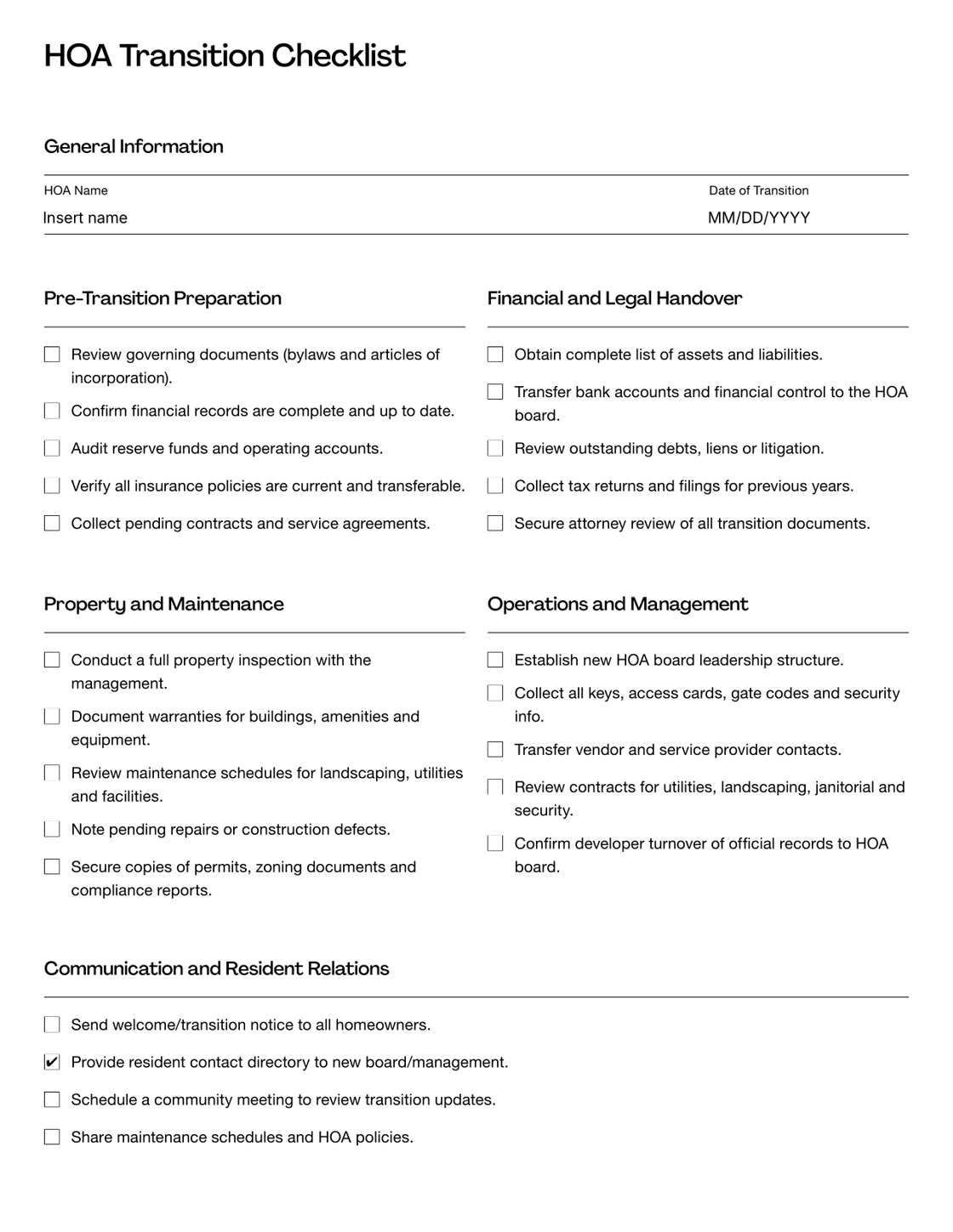 HOA Transition Checklist | Fill and sign online with Lumin