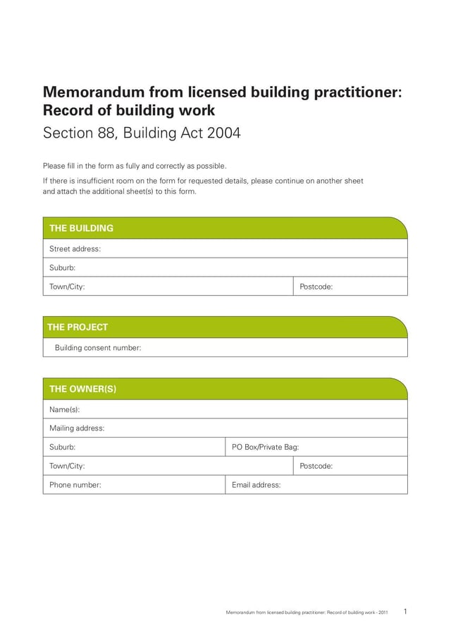 Memorandum from licensed building practitioner: Record of building work ...