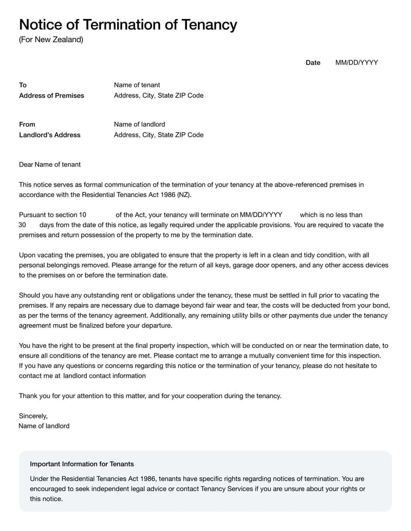 Notice of Termination of Tenancy Template for New Zealand | Fill and ...