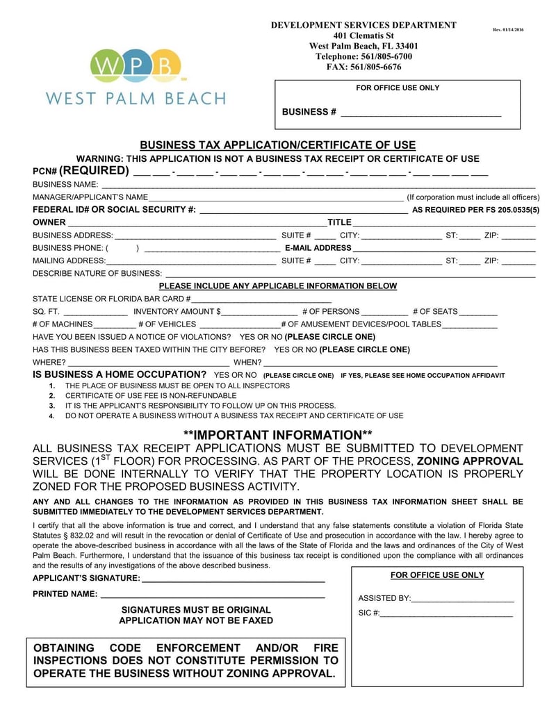 West Palm Beach Business Tax Application and Certificate of Use (2016 ...