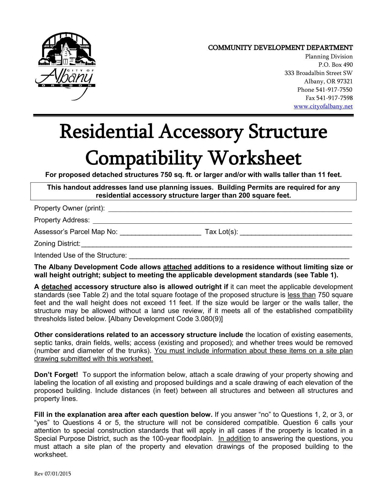 Albany Residential Accessory Structure Compatibility Worksheet | Fill ...