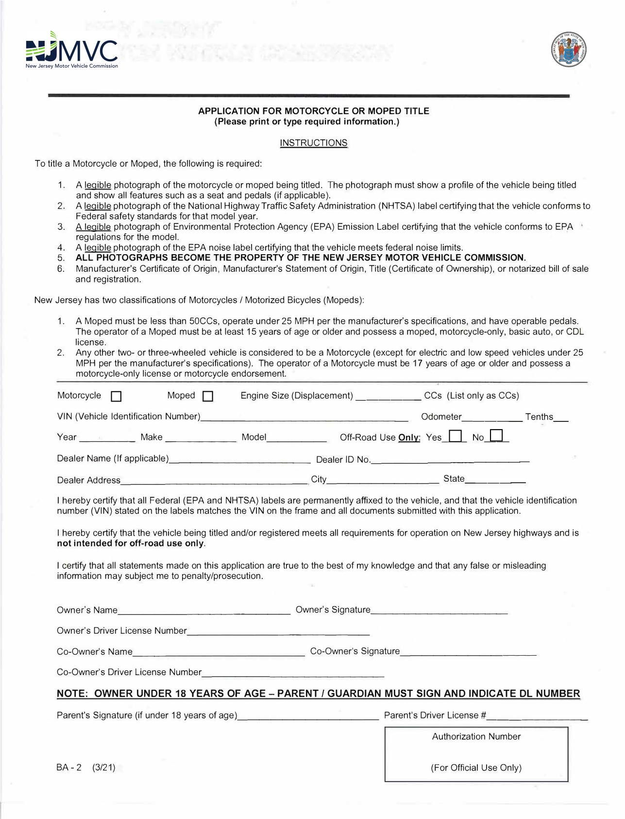 New Jersey Application for Motorcycle or Moped Title | Fill and sign ...