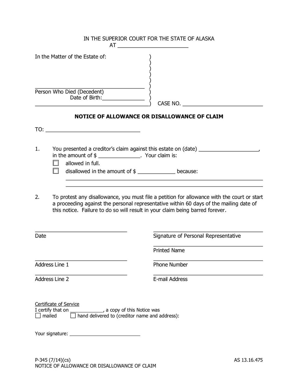 Notice of Allowance or Disallowance of Claim | Fill and sign online ...