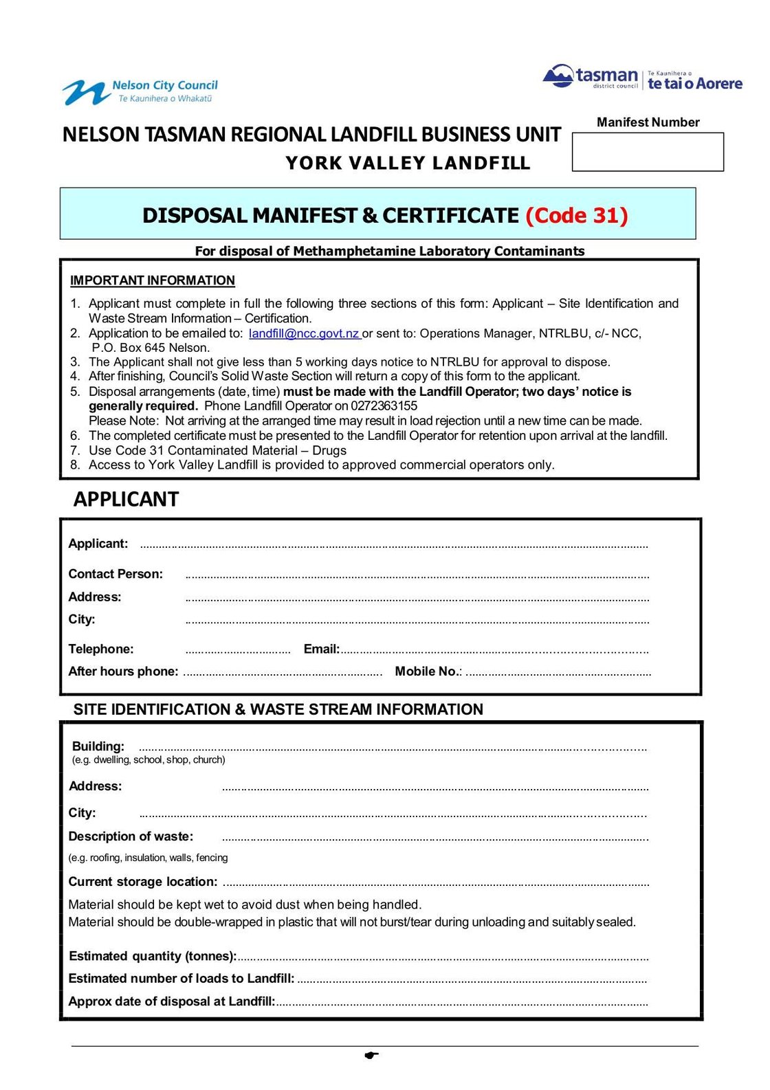 York Valley Landfill Meth Lab Contaminant Disposal Manifest Fillable ...