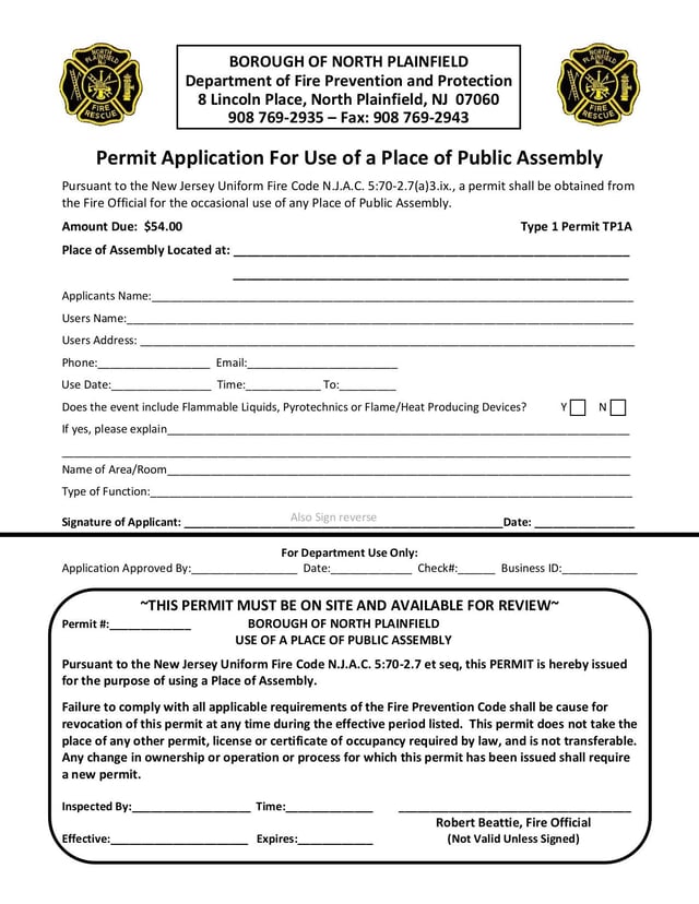 Permit Application for Use of a Place of Public Assembly | Fill and ...