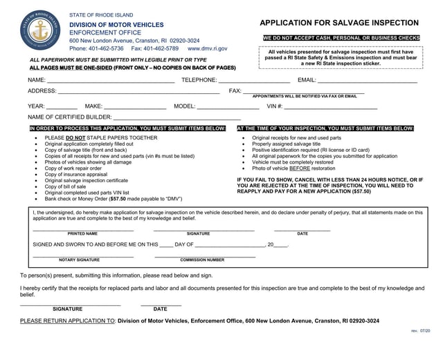 Rhode Island Application for Salvage Inspection (2020) | Fill and sign ...