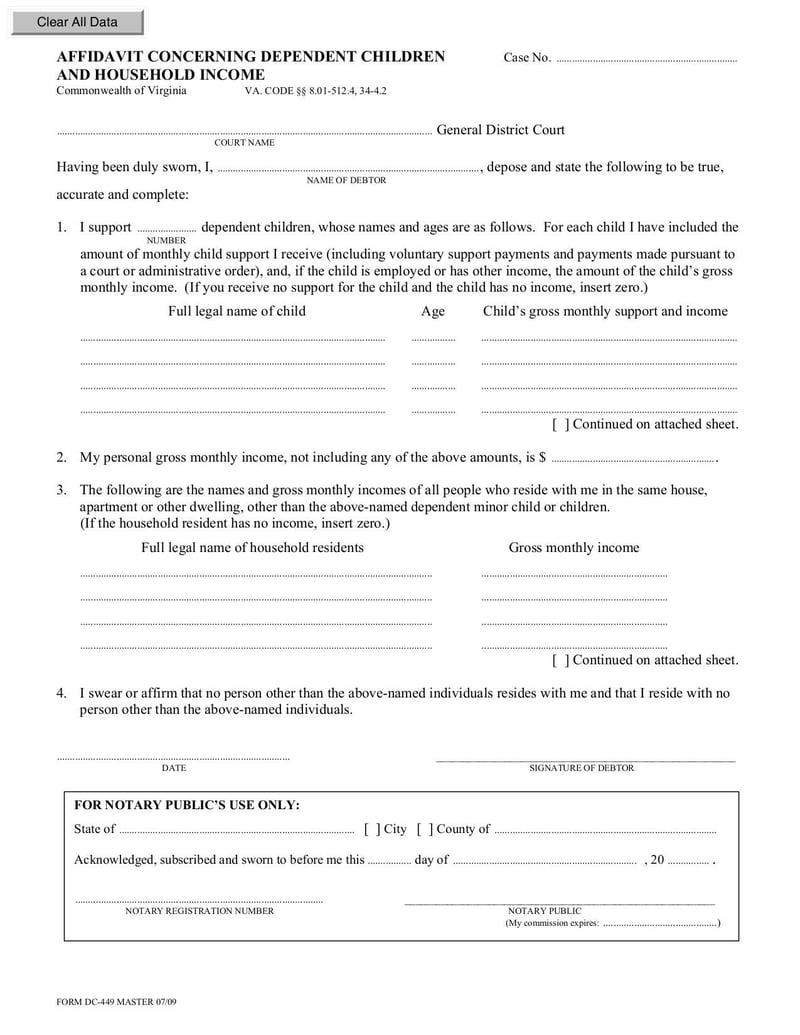 Affidavit Concerning Dependent Children and Household Income | Fill and ...