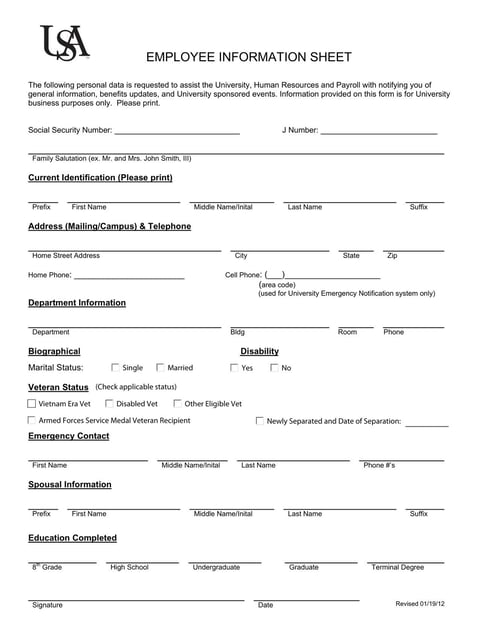 University of South Alabama Employee Information Sheet | Fill and sign ...