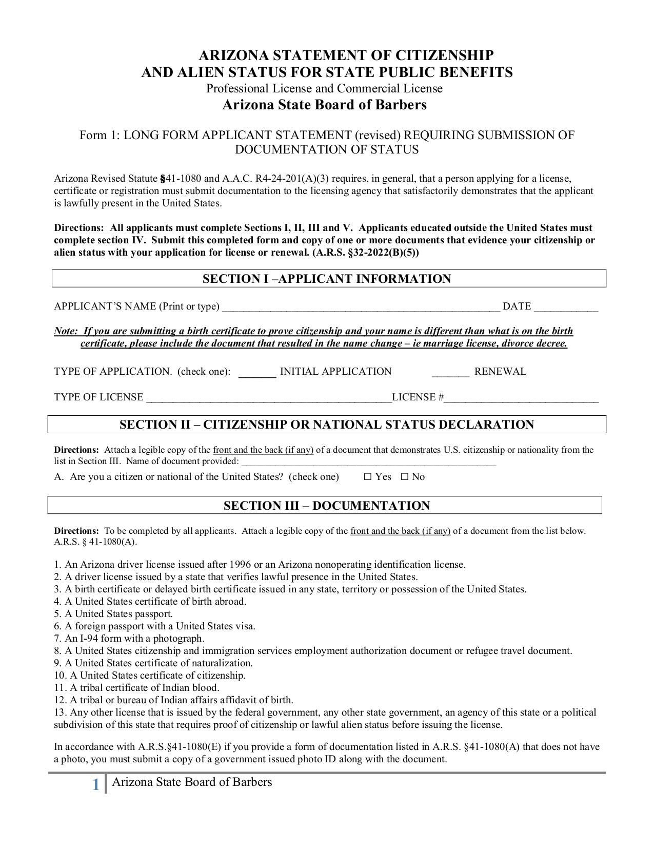 Arizona Barber Citizenship Form | Fill and sign online with Lumin