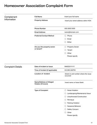 Homeowner Association Complaint Form Template | Fill and sign with Lumin