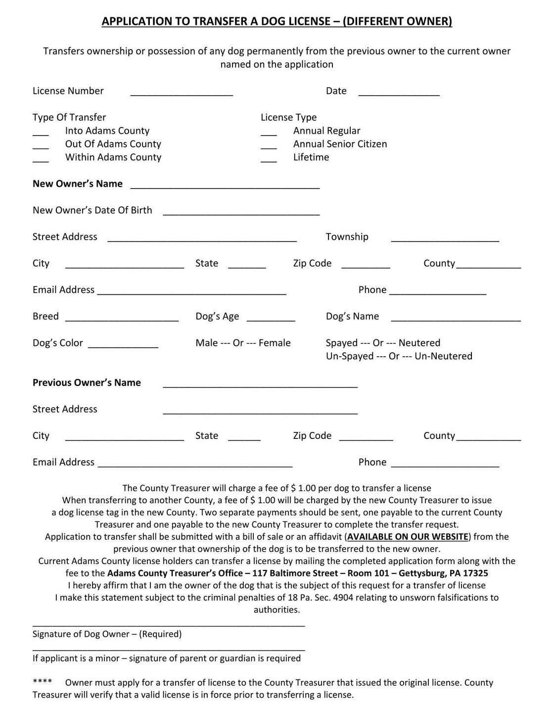 Adams Application to Transfer a Dog License (Different Owner) | Fill ...