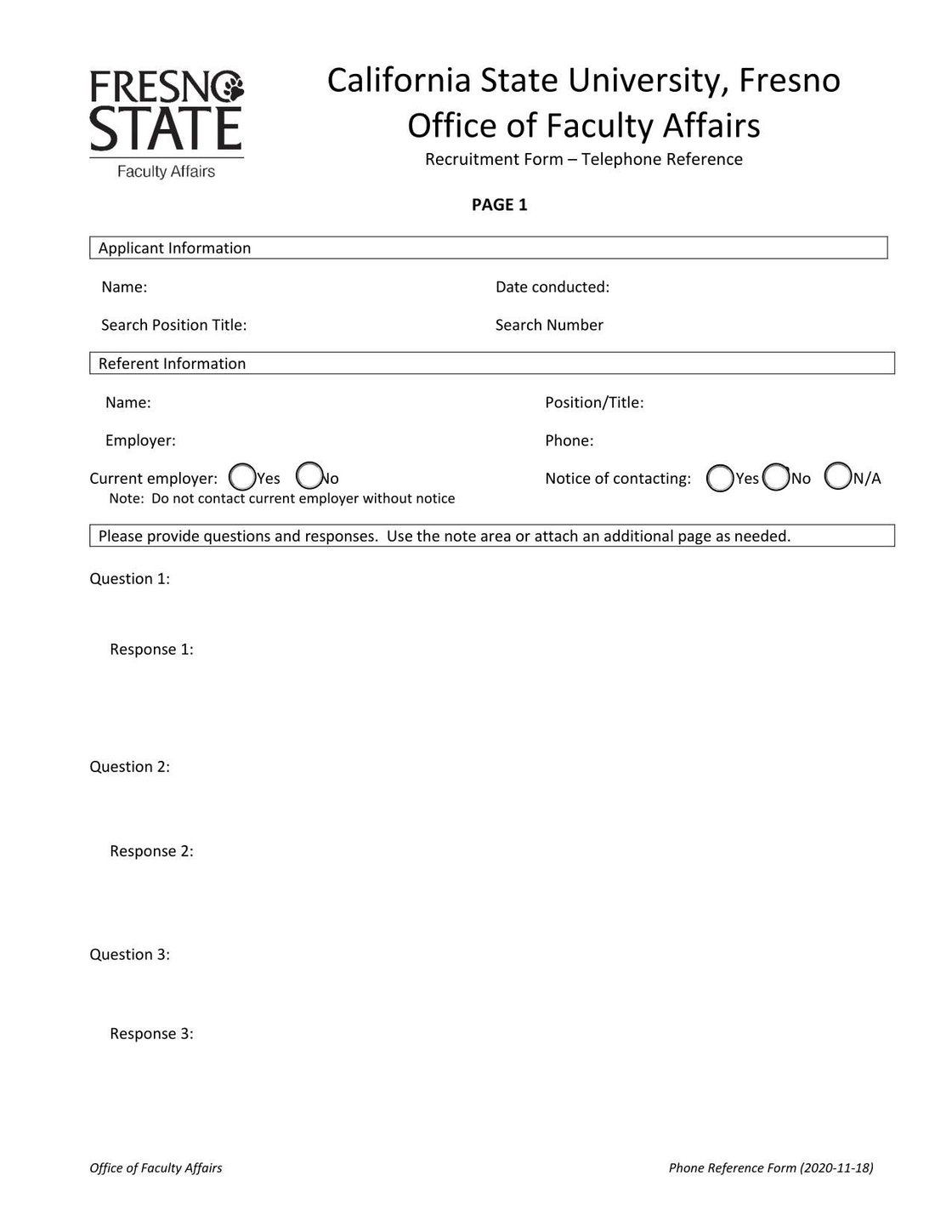 California State University, Fresno Recruitment Form-Telephone ...