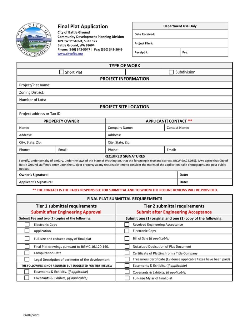 Battle Ground Final Plat Application (2020) | Fill and sign with Lumin
