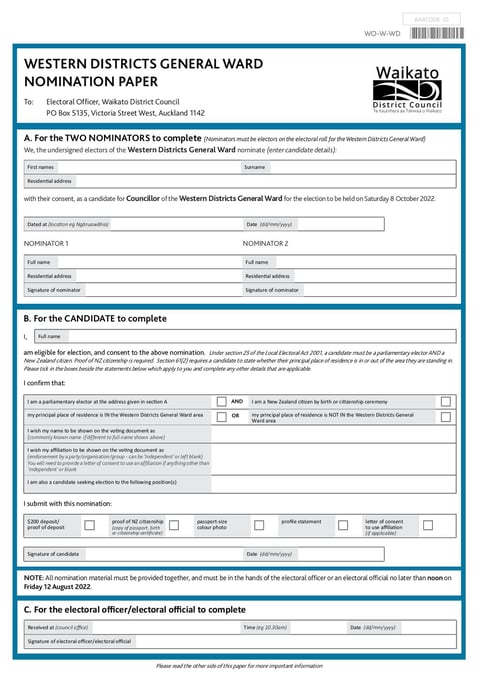 Western Districts General Ward Nomination Form | Fill and sign online ...