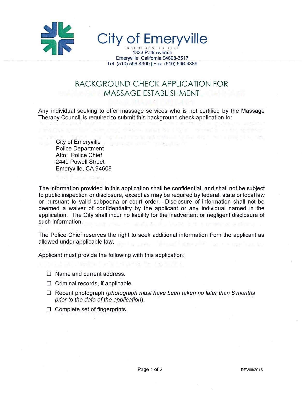Emeryville Background Check Application for Massage Establishment ...