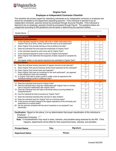 Virginia Employee or Independent Contractor Checklist | Fill and sign ...