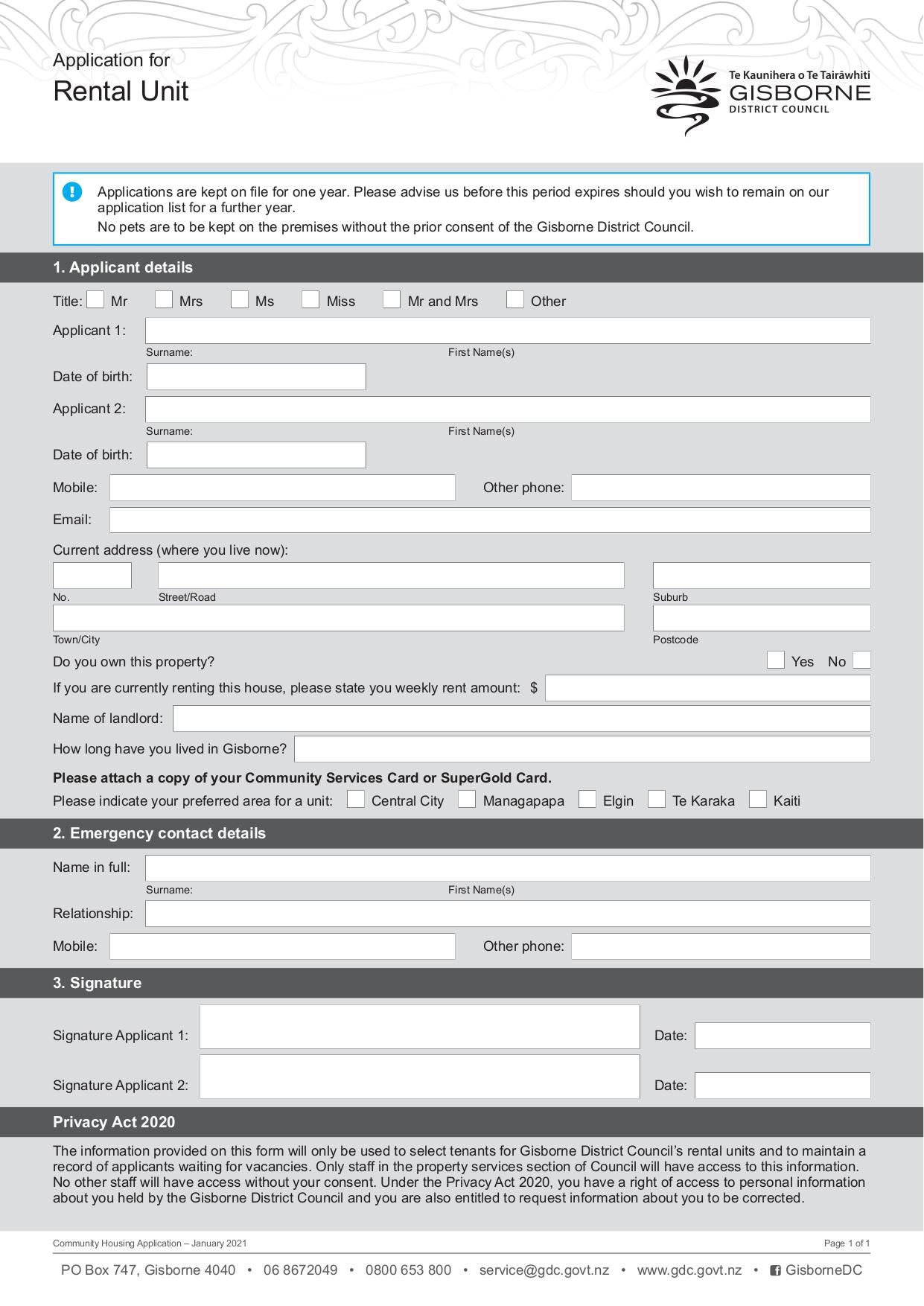 Application For Rental Unit Gisborne District Council | Fill and sign ...