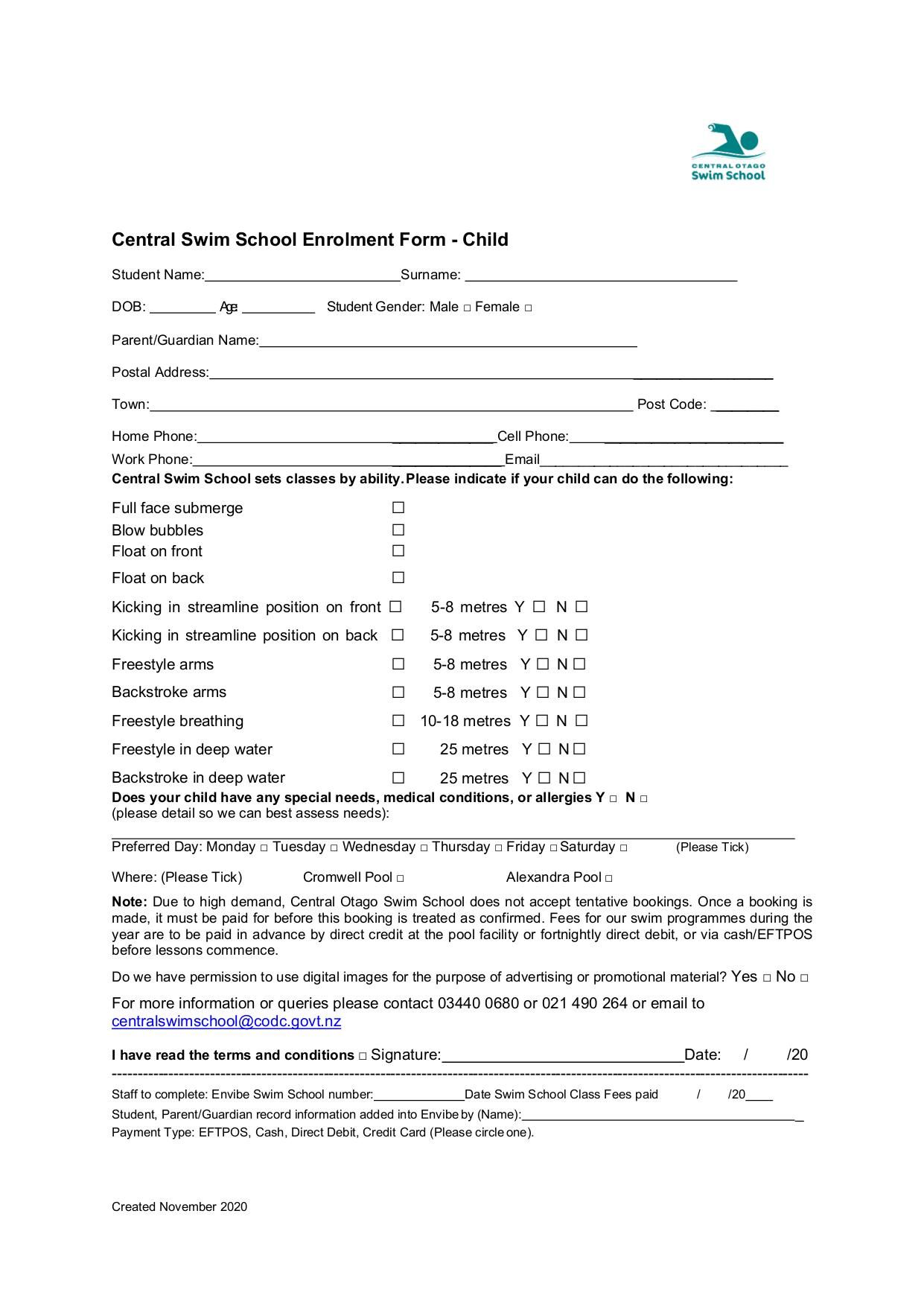 Swim School Child Enrolment Form NVP | Fill and sign online with Lumin