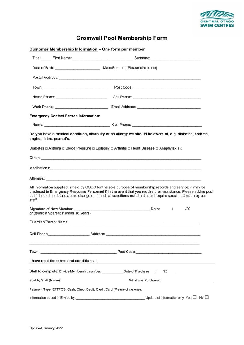 Cromwell Pool Membership Form NVP | Fill and sign online with Lumin