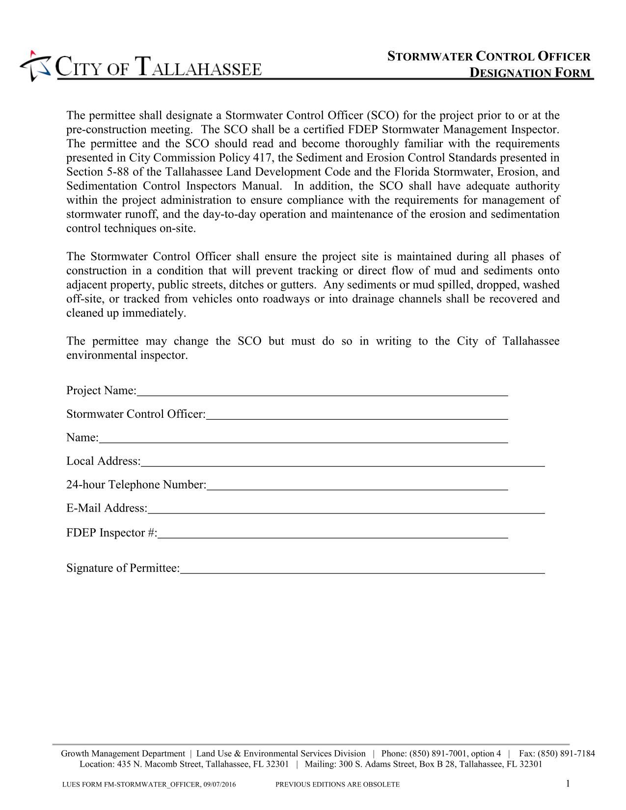 City of Tallahassee Stormwater Control Officer Designation Form | Fill ...
