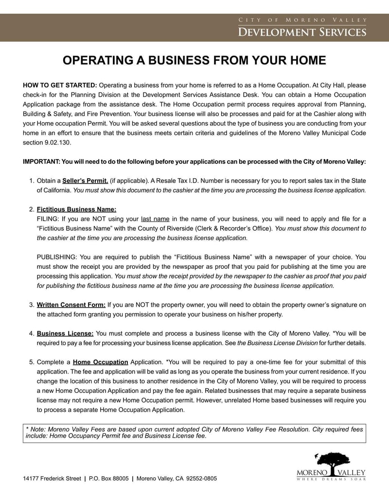 City of Moreno Valley Home Occupation Permit Application | Fill and ...