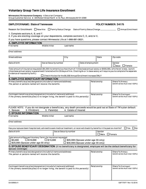 Voluntary Group Term Life Insurance Enrollment Form | Fill and sign ...