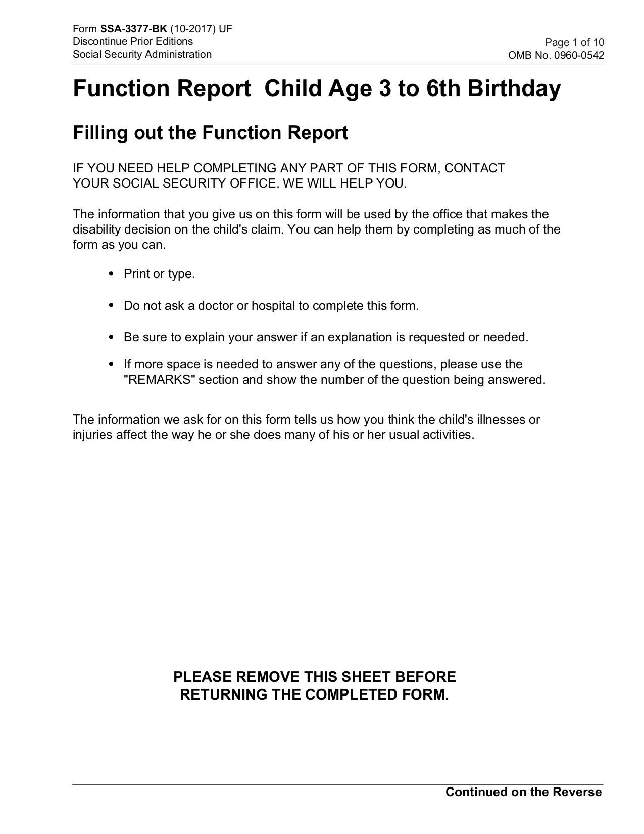 Form SSA-3377-BK Function Report - Child Age 3 to 6th Birthday | Fill ...
