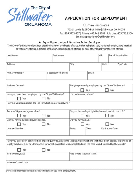 City of Stillwater Application for Employment | Fill and sign online ...