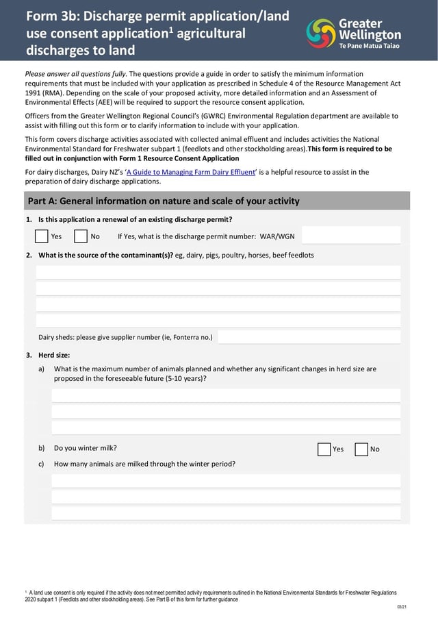 Form 3b Discharge Permit Application Agricultural Discharges to Land ...