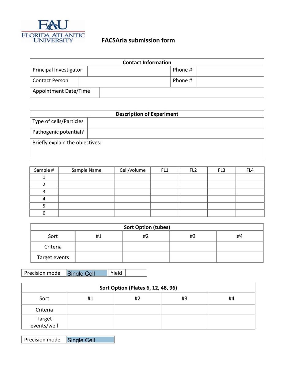 Florida Atlantic University FACSAria Submission Form | Fill and sign ...