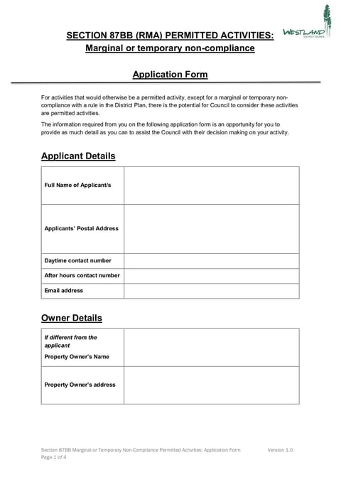 Section 87BB Marginal or Temporary Non-Compliance Permitted Activities Application Form | Fill ...