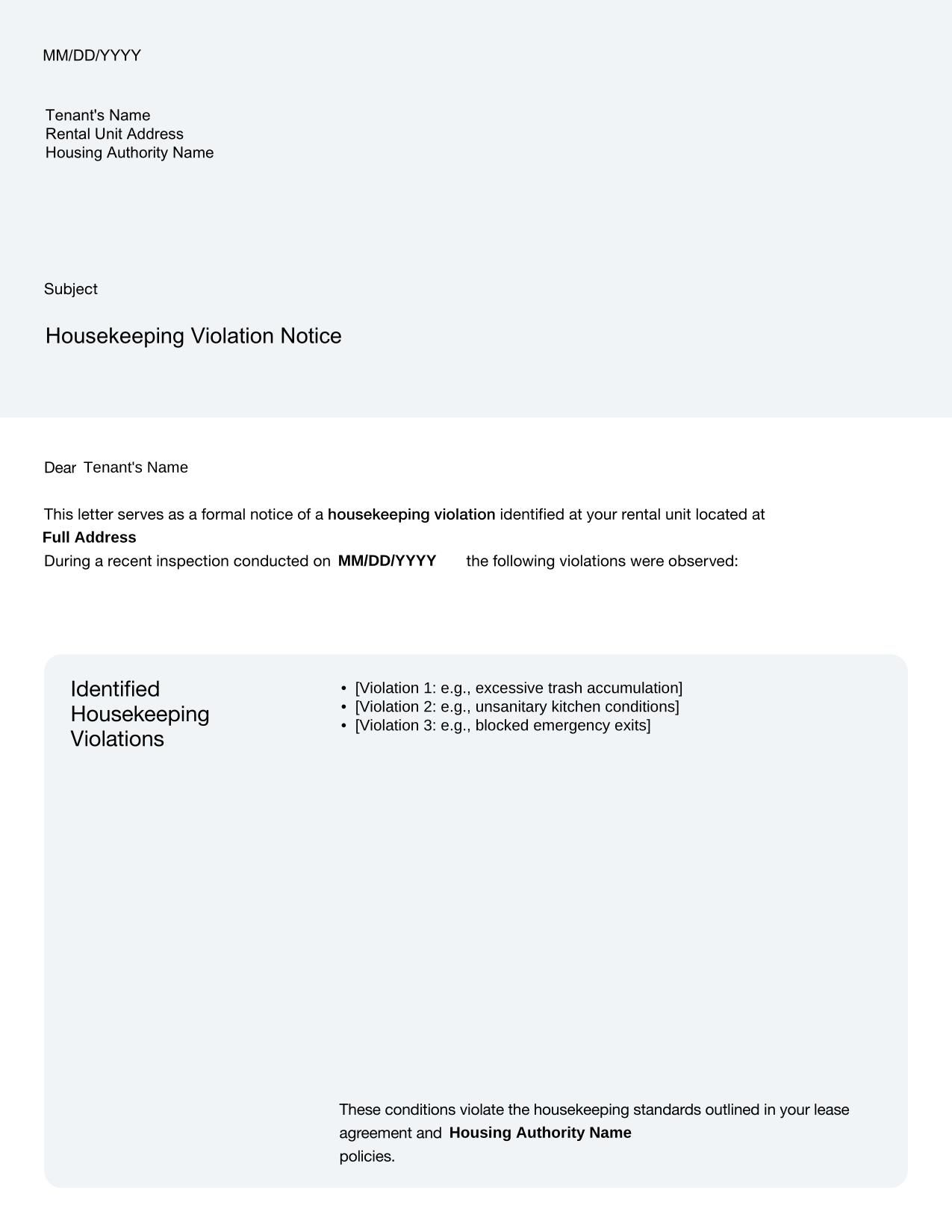 Housing Authority Housekeeping Violation Letter Template | Fill and ...