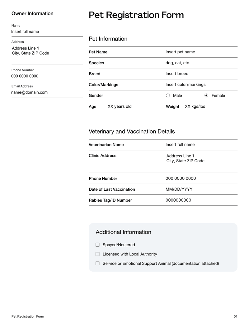 Pet Registration Form Template | Fill and sign online with Lumin