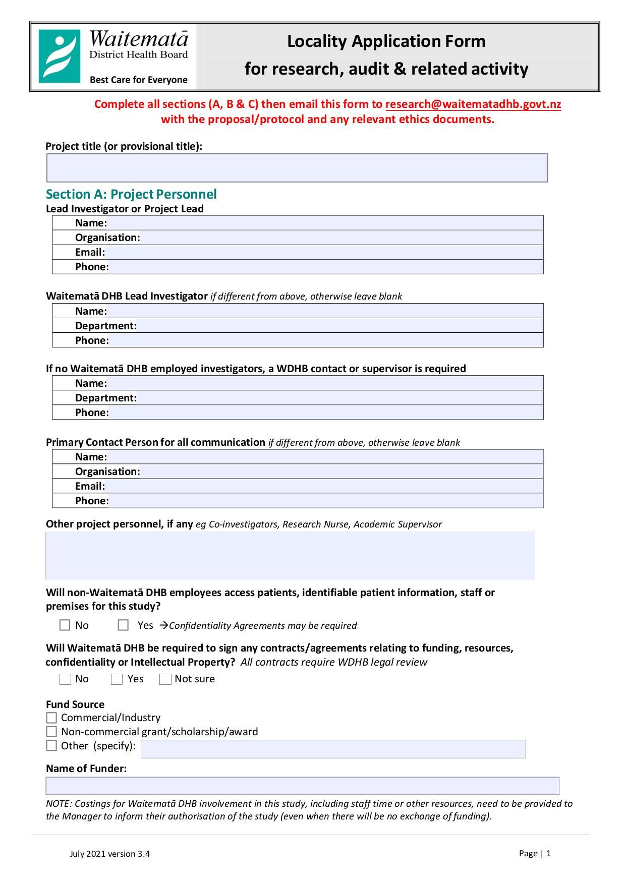 WDHB Locality Application Form for Research, Audit and Related Activity ...