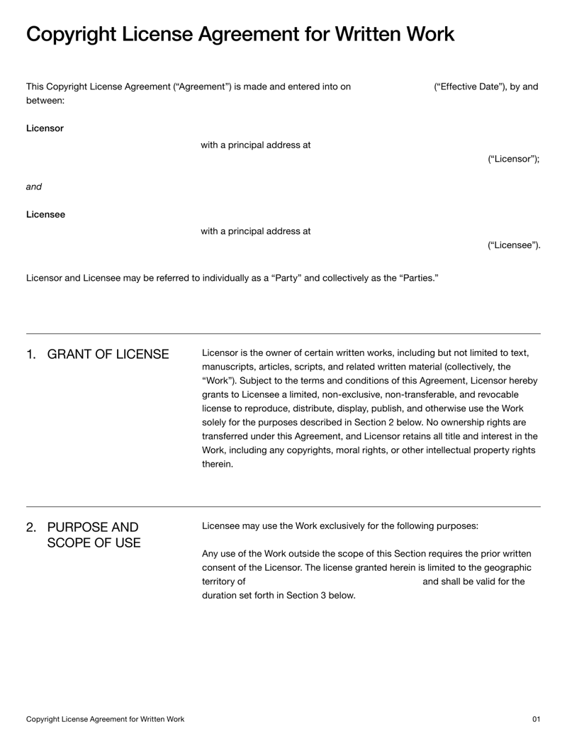 Copyright License Agreement for Written Work Template | Fill and sign ...