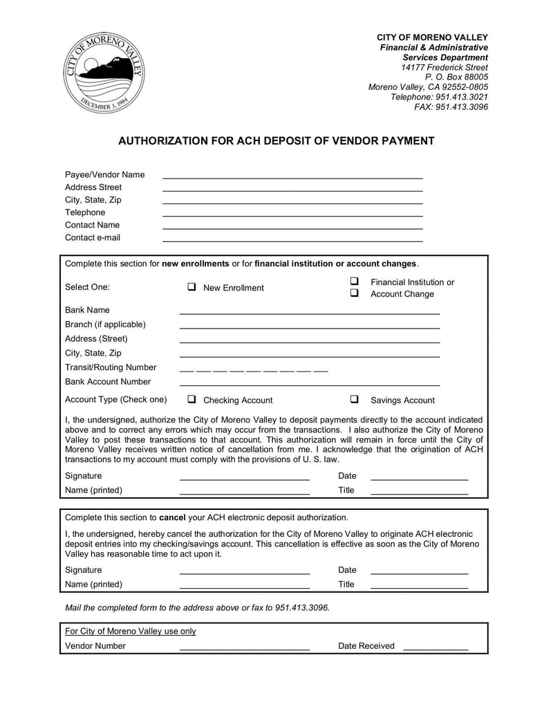 Authorization for ACH Deposit of Vendor Payment | Fill and sign online ...