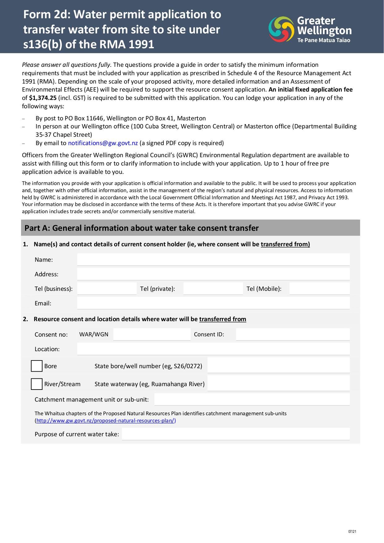 Form 2d Water Permit Application to Transfer Water from Site to Site ...