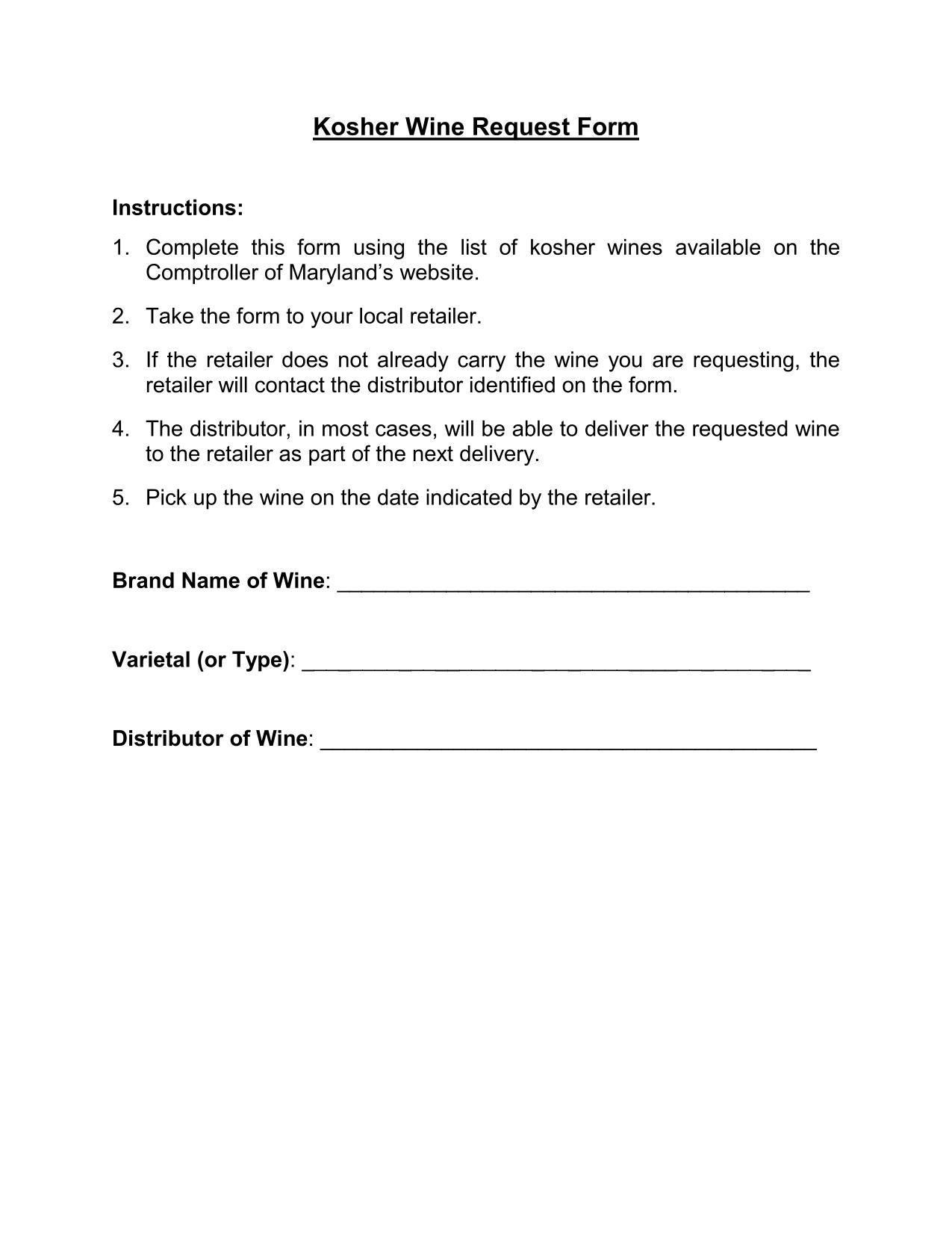 Maryland Kosher Wine Request Form | Fill and sign with Lumin