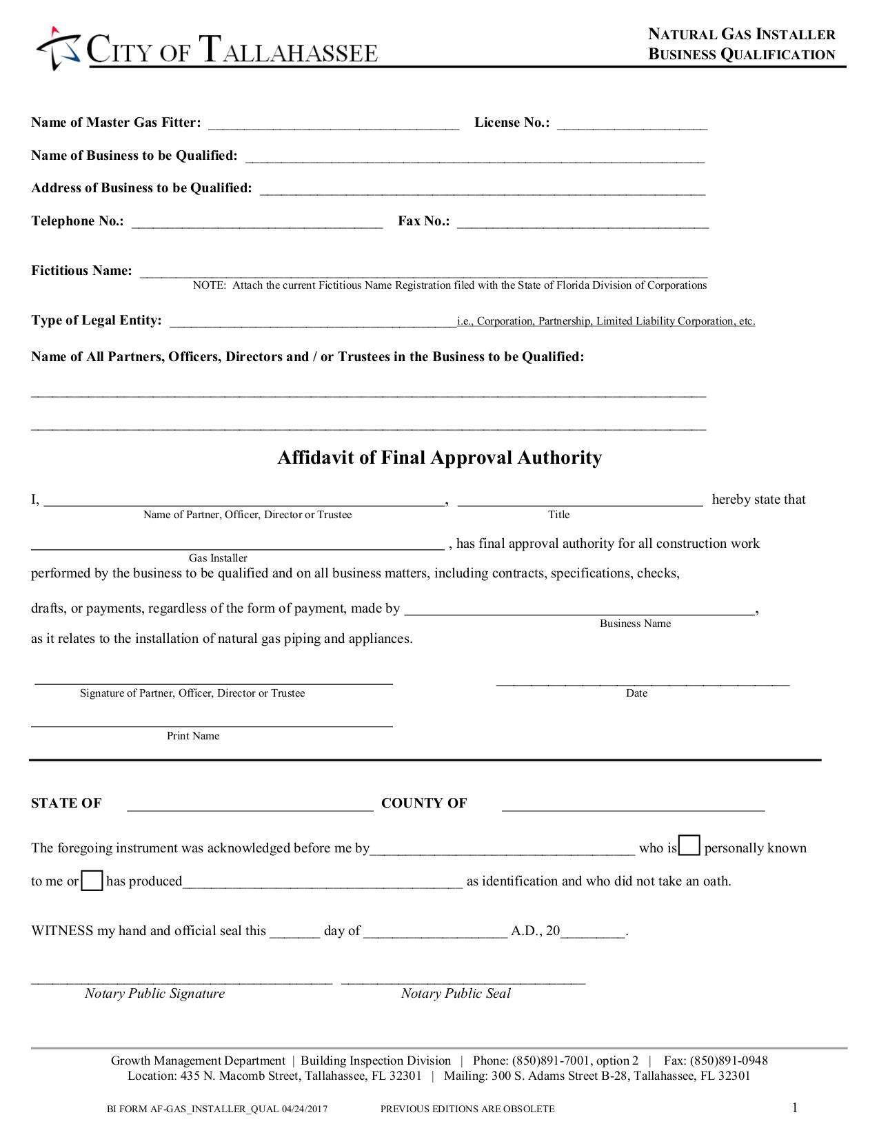 Natural Gas Installer Business Qualification Application Form | Fill ...
